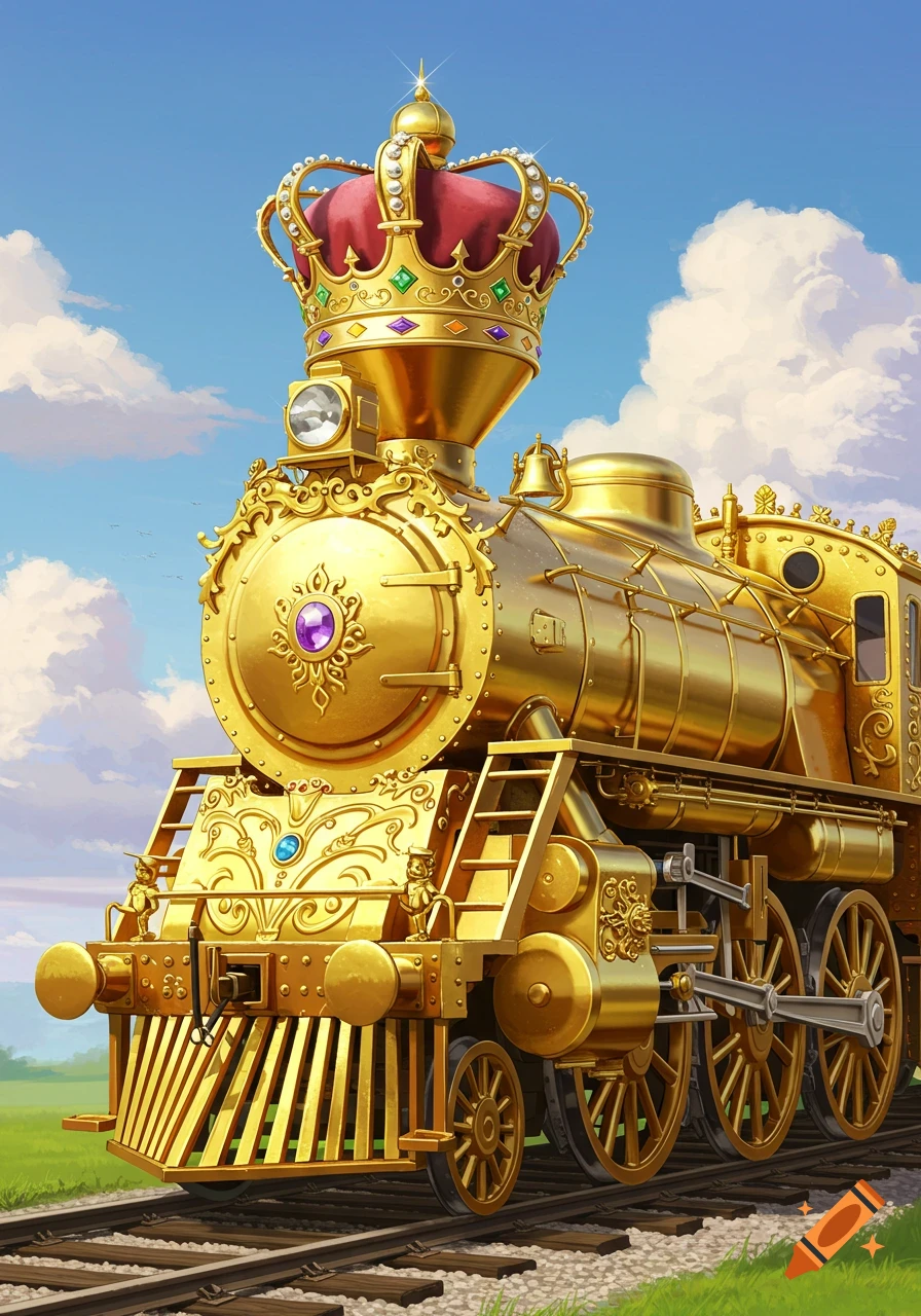 A highly ornate golden steam train with a large crown on its smokestack ...