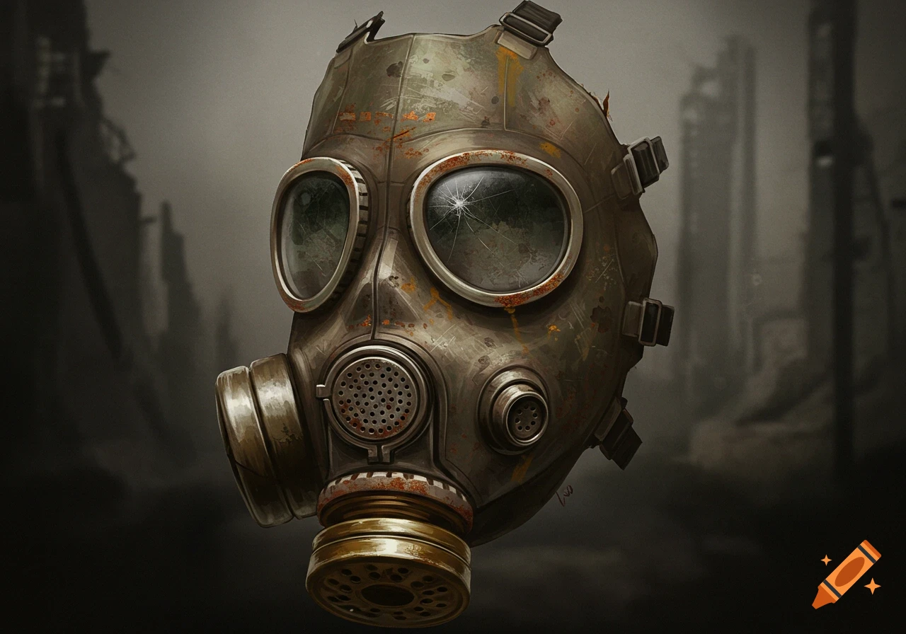 A rusty gas mask in a ruined cityscape. on Craiyon