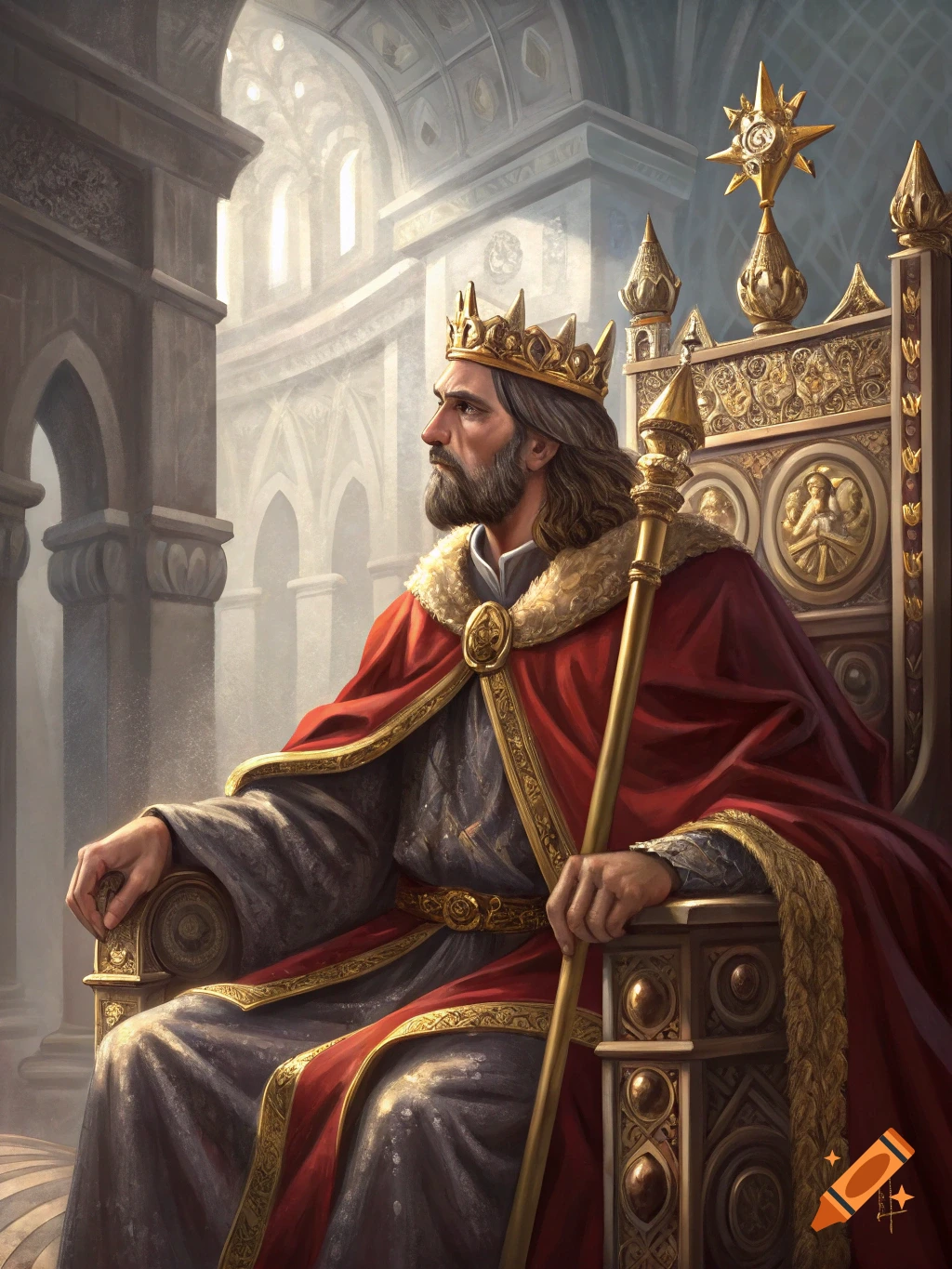 A regal king with a beard and crown sits upon an elaborate golden ...