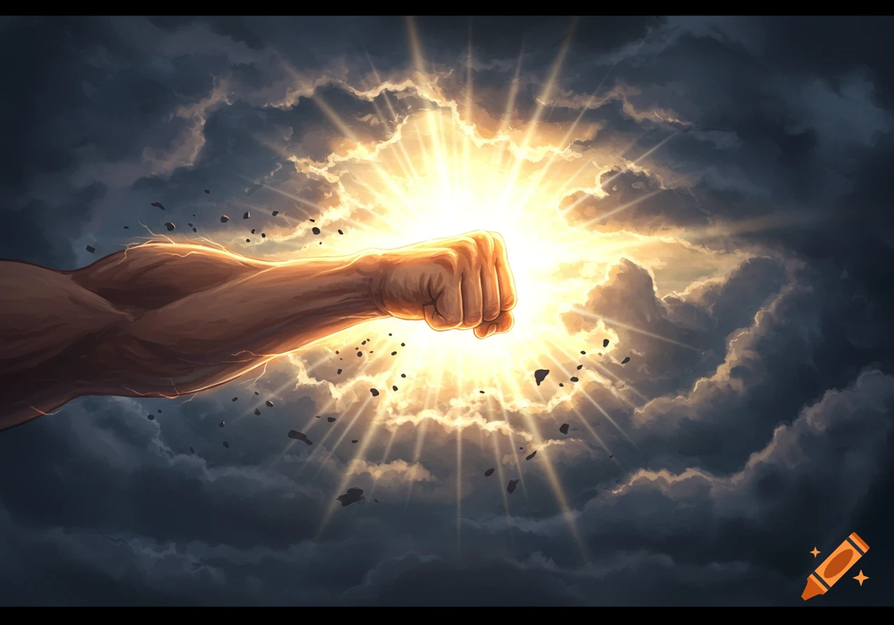 A powerful fist punches through dark storm clouds, creating a radiant burst of light. on Craiyon