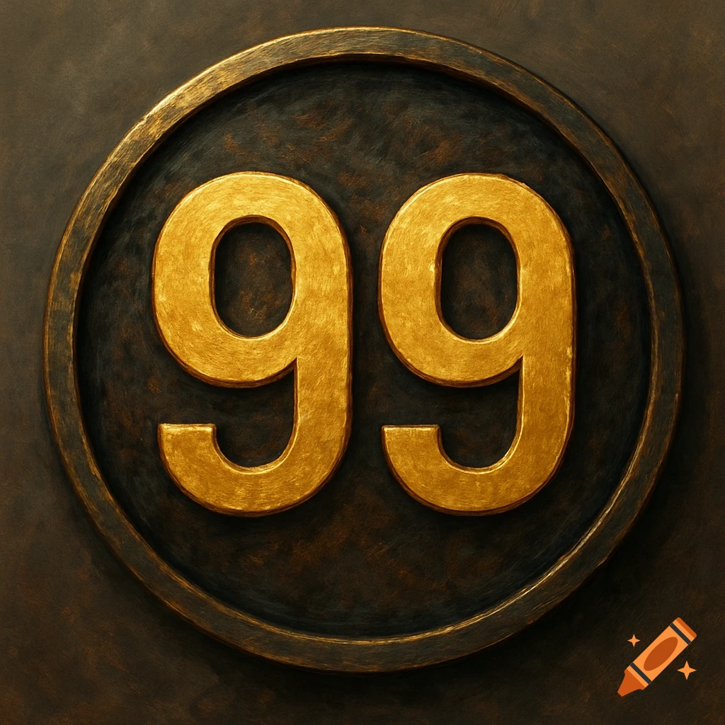 Golden numbers 99 in a circular bronze frame. on Craiyon