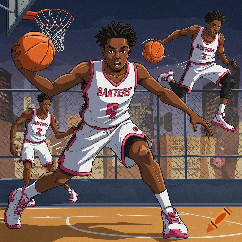 Animated illustration of young basketball players in a game on an ...