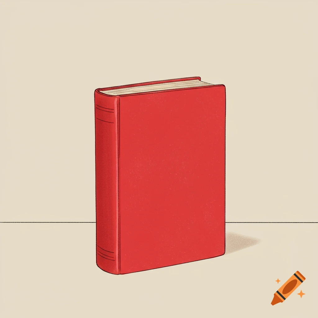 A red book standing upright on a surface, in a minimalist illustration ...