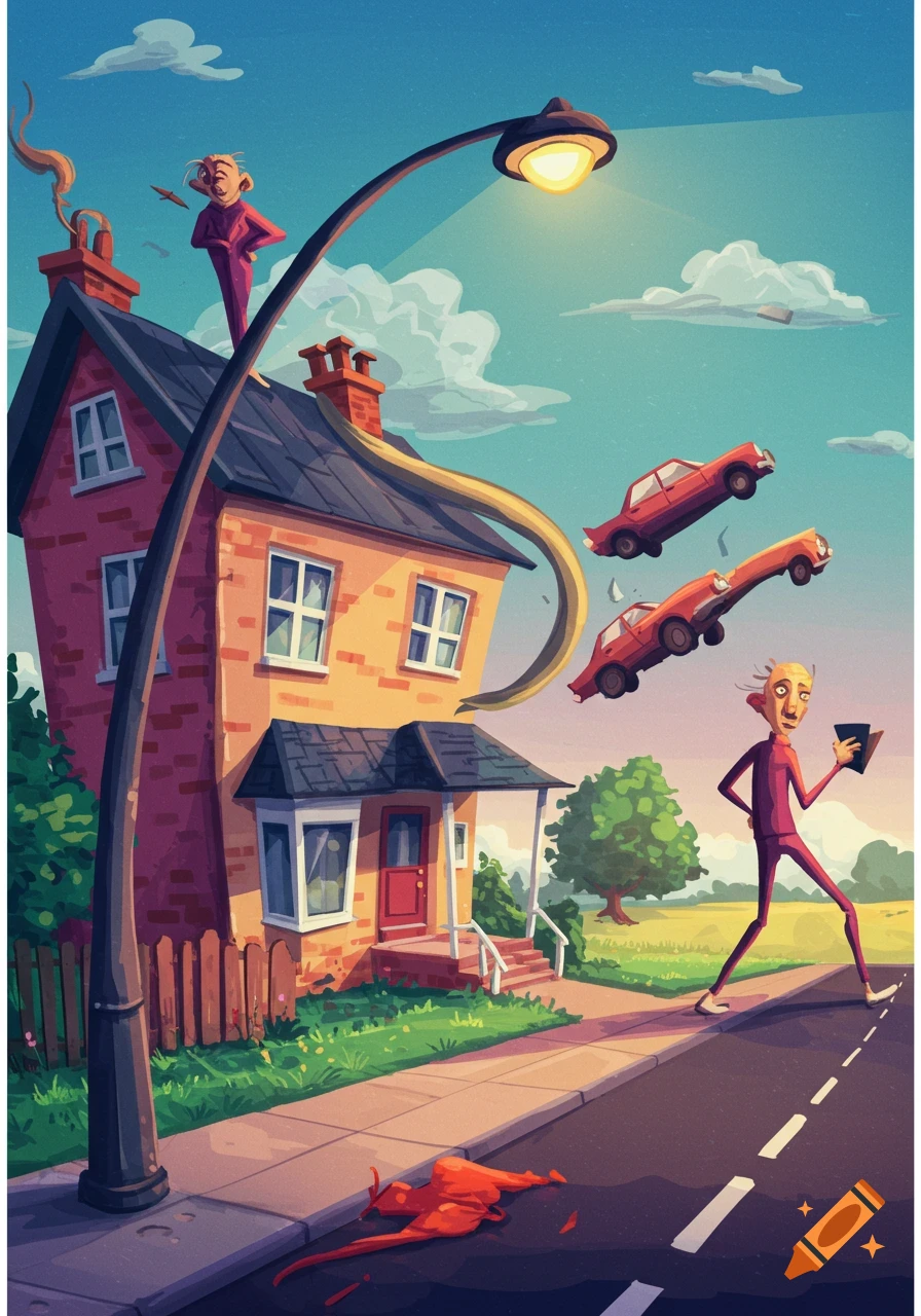 Surreal illustration of a street scene with a house, flying cars ...