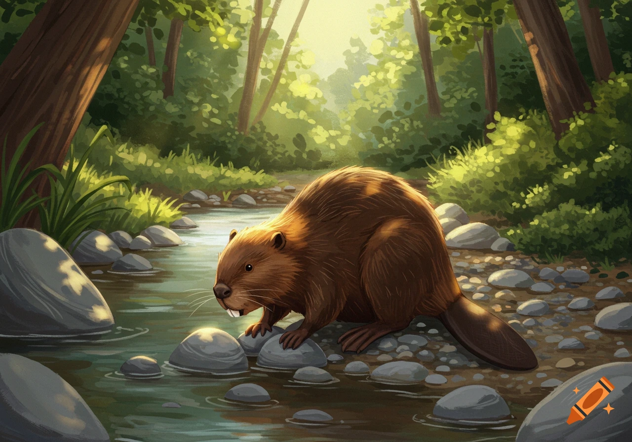 An illustrated beaver stands on rocks in a stream in a sunlit forest ...