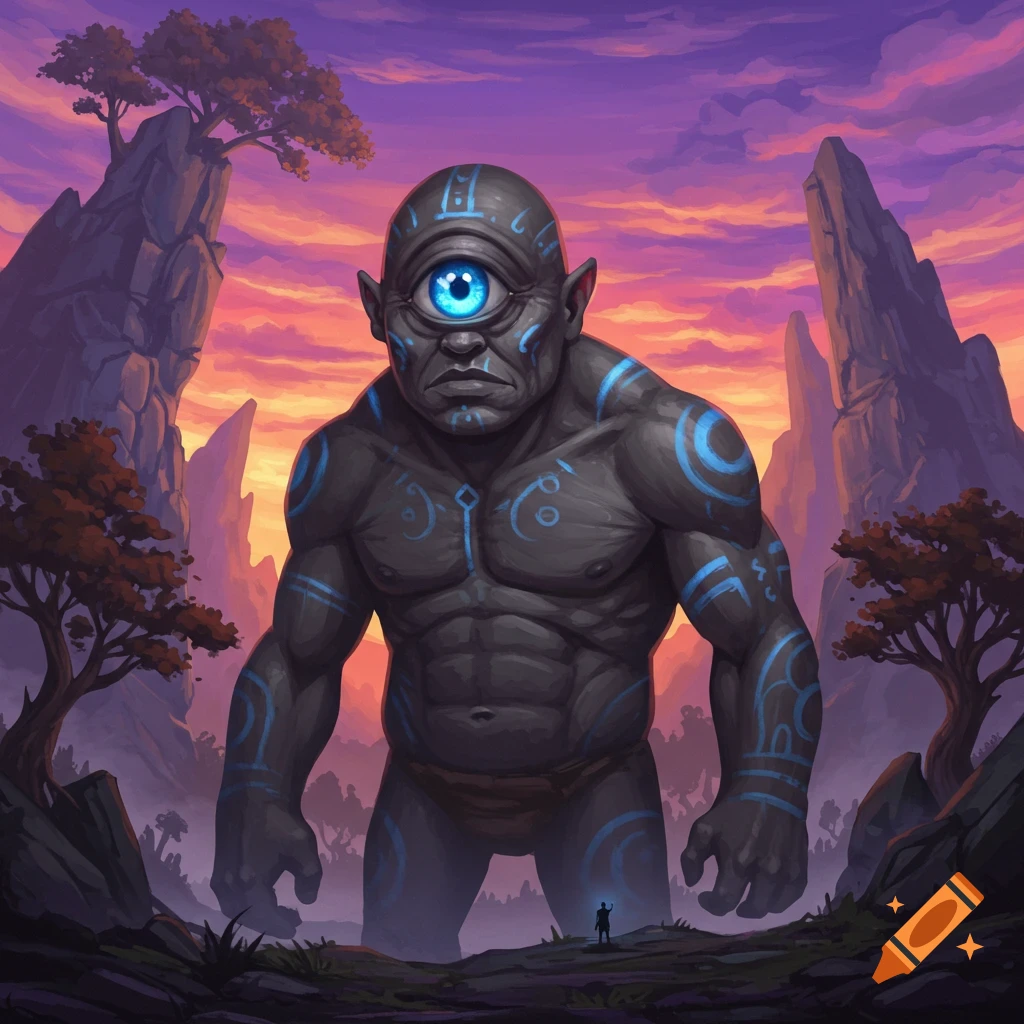 Giant cyclops creature with blue glowing markings stands in a valley ...