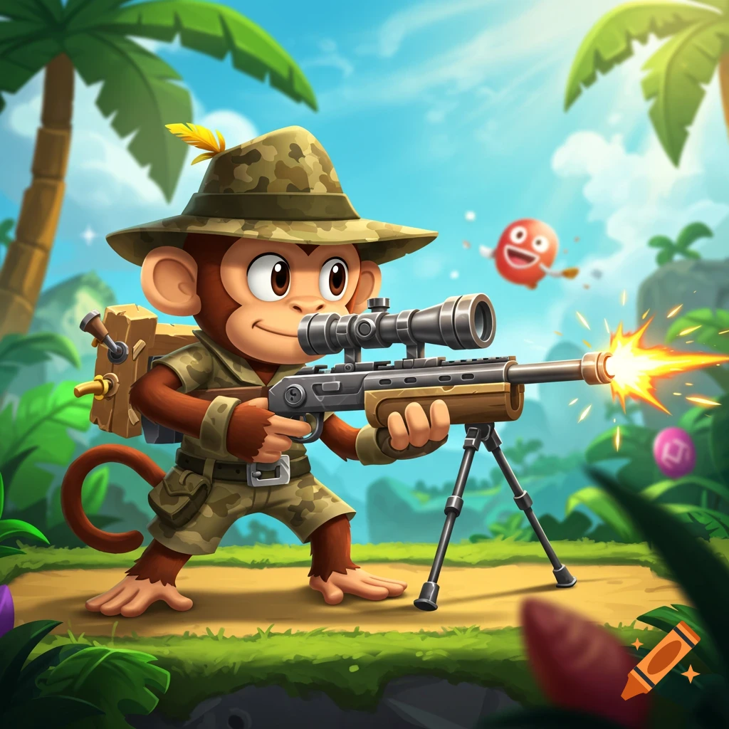 Cartoon monkey wearing a camo hat, aiming and firing a sniper rifle at ...