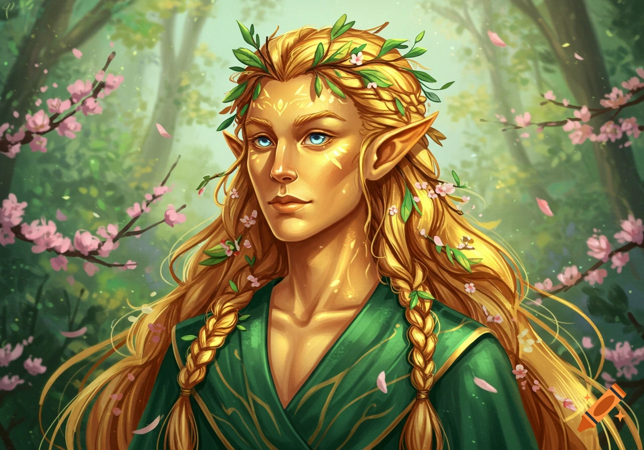 A fantasy portrait of an elven person with golden skin, blonde braided ...
