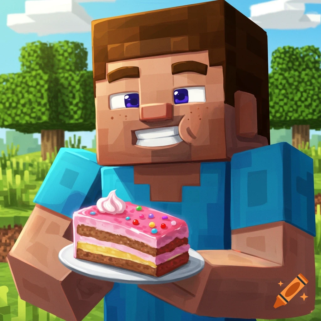 Minecraft Steve holding a slice of cake in a vibrant, painted style. on ...