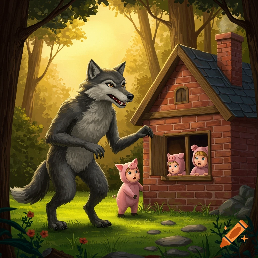 A large wolf stands outside a brick house while two pigs look out from ...