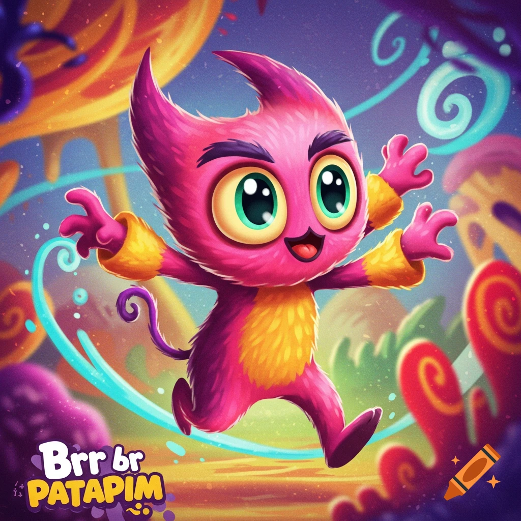 Cartoon pink and yellow creature with big eyes running in a colorful fantasy landscape with text ...