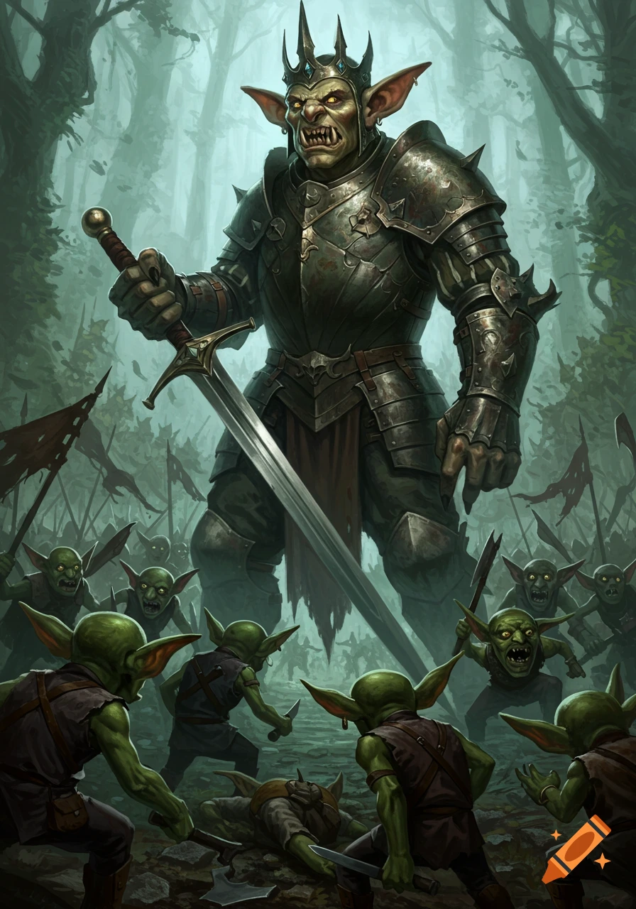 Giant goblin king with a sword leading smaller goblin warriors in a forest. on Craiyon