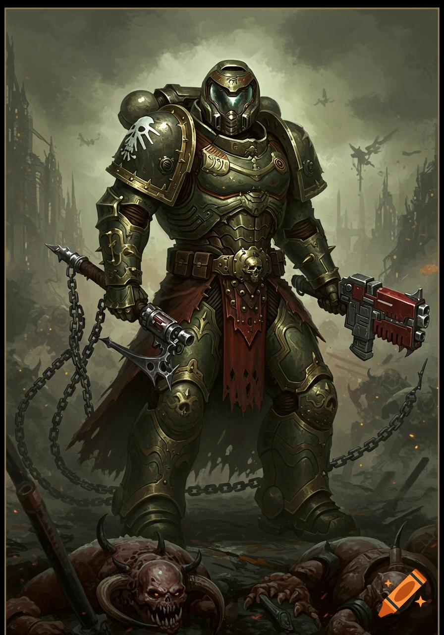 Heavily armored warrior standing over defeated monsters in a dark, war ...