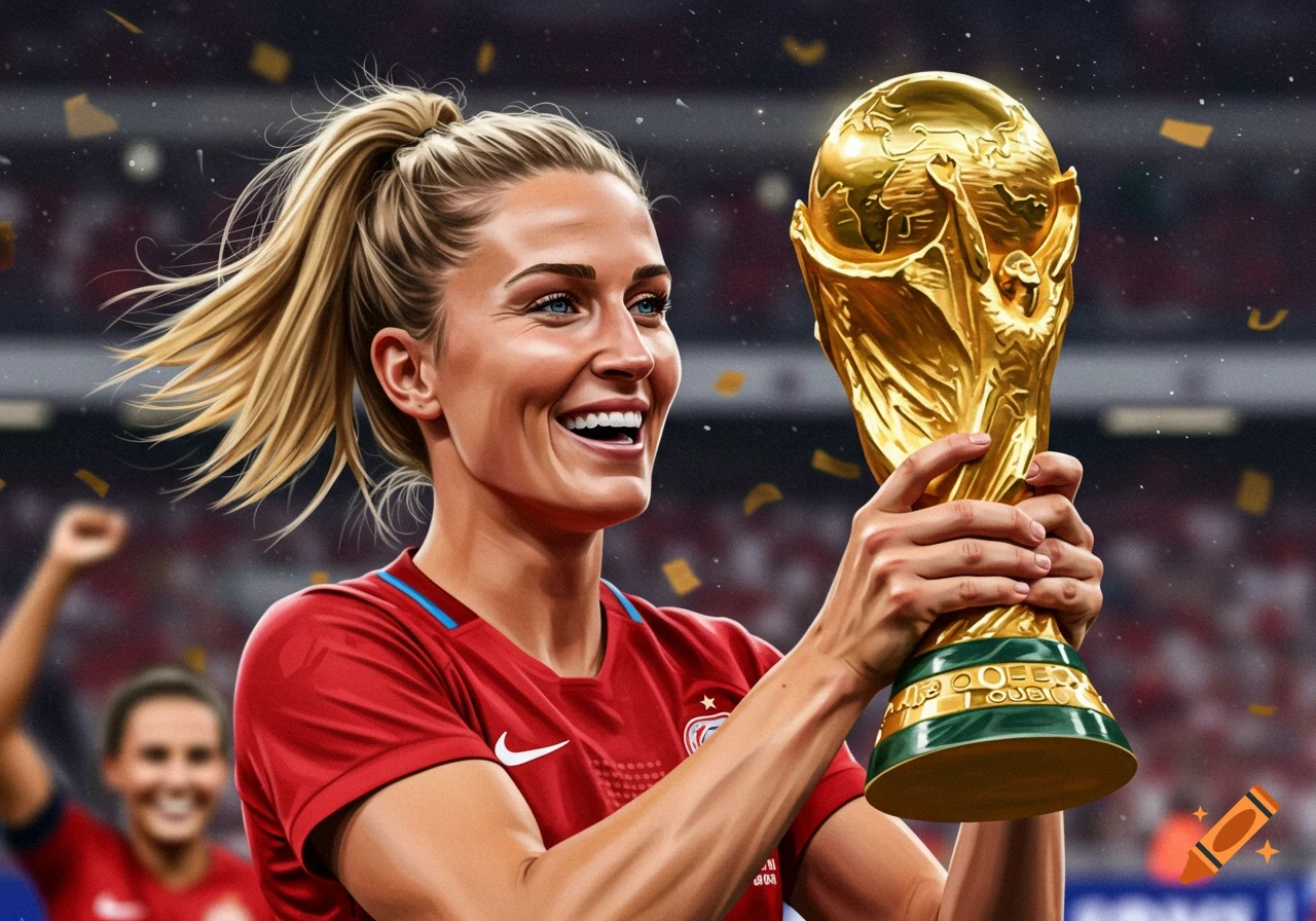 Smiling woman athlete holds a gold World Cup trophy above her head, confetti falls. on Craiyon