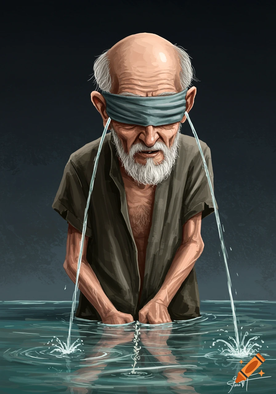 Stylized illustration of a blindfolded old man crying streams of water ...