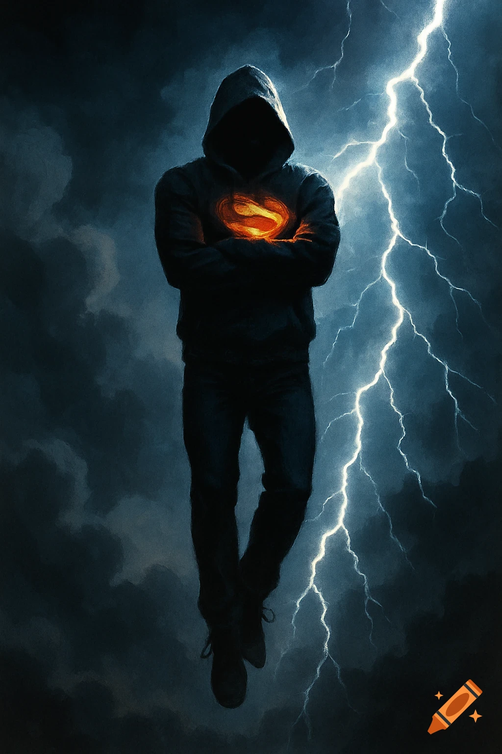 Hooded figure with glowing chest symbol floats in a stormy sky with ...