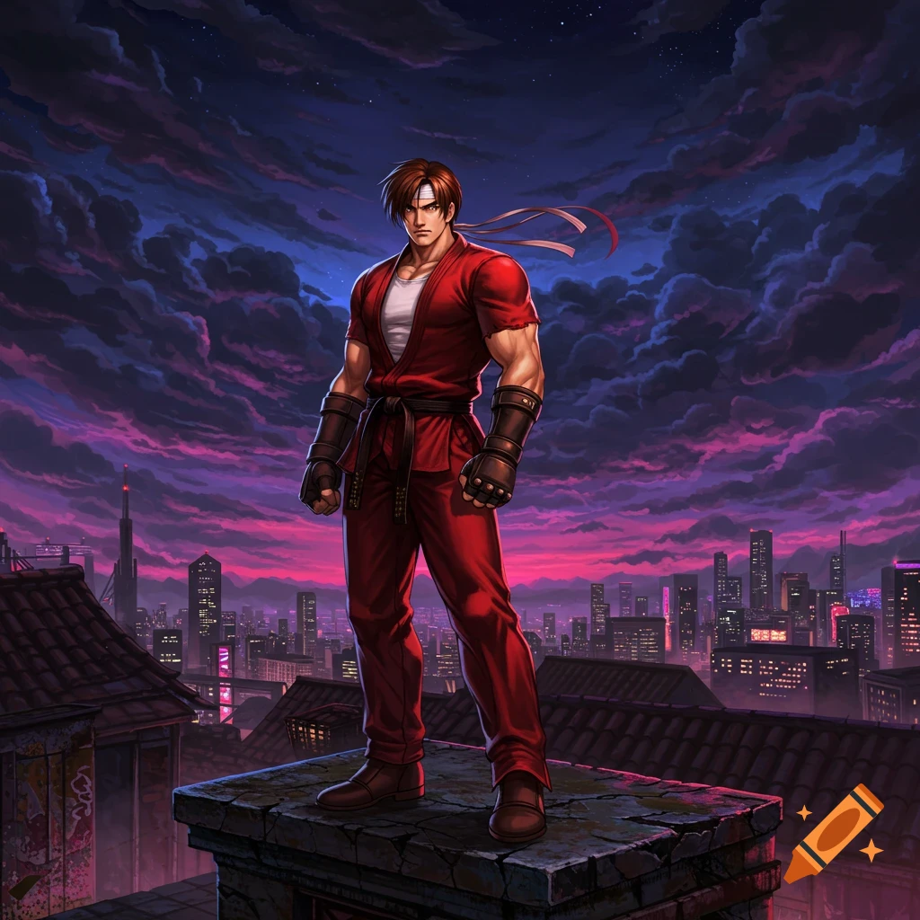 A fighter in a red gi stands on a rooftop overlooking a city skyline at ...