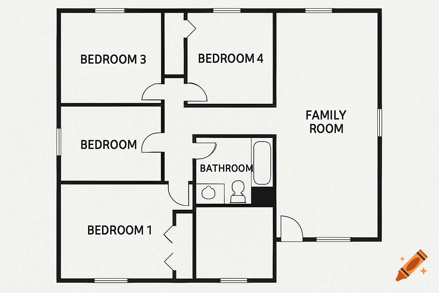 Floor plan diagram of a house with four bedrooms, a bathroom, and a ...