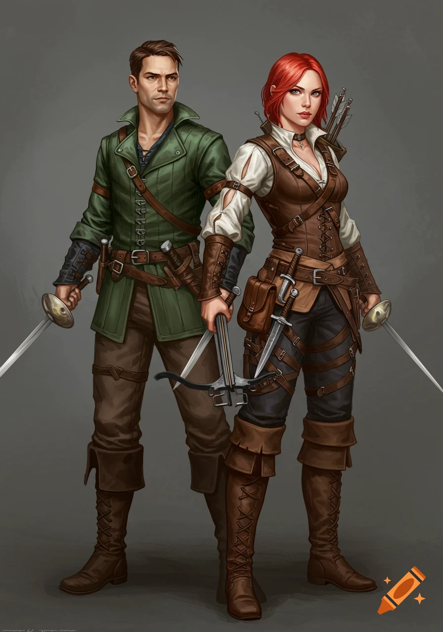 A man and a woman in fantasy adventurer gear holding swords and a ...