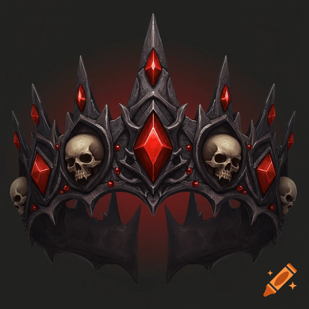 Ornate dark fantasy crown with skulls and red gems on Craiyon