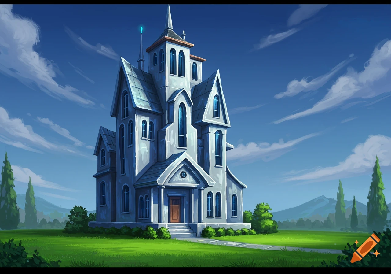 A tall, angular grey gothic-style mansion stands on a green lawn under ...