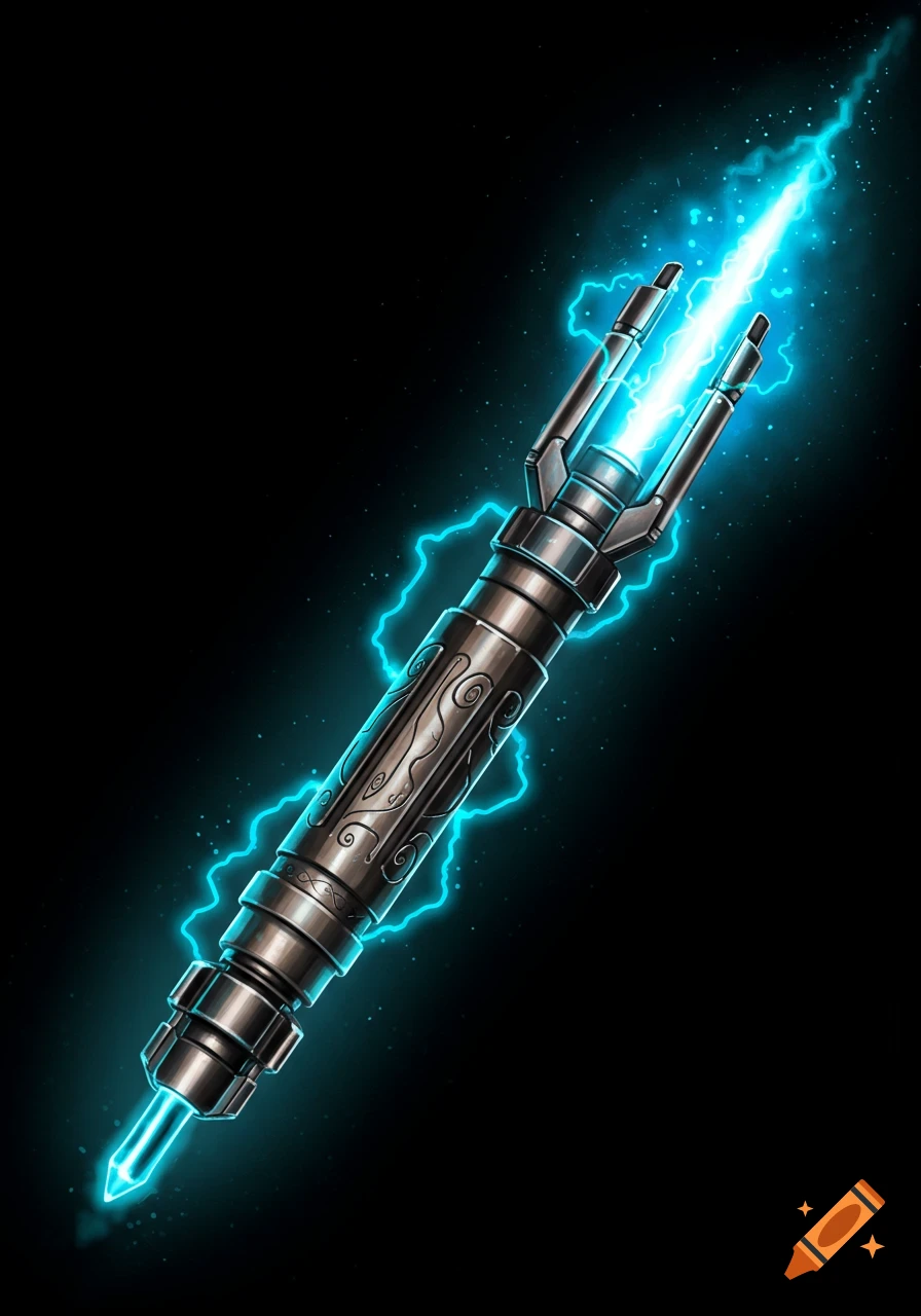 A futuristic sonic screwdriver gadget glowing blue with electricity. on ...