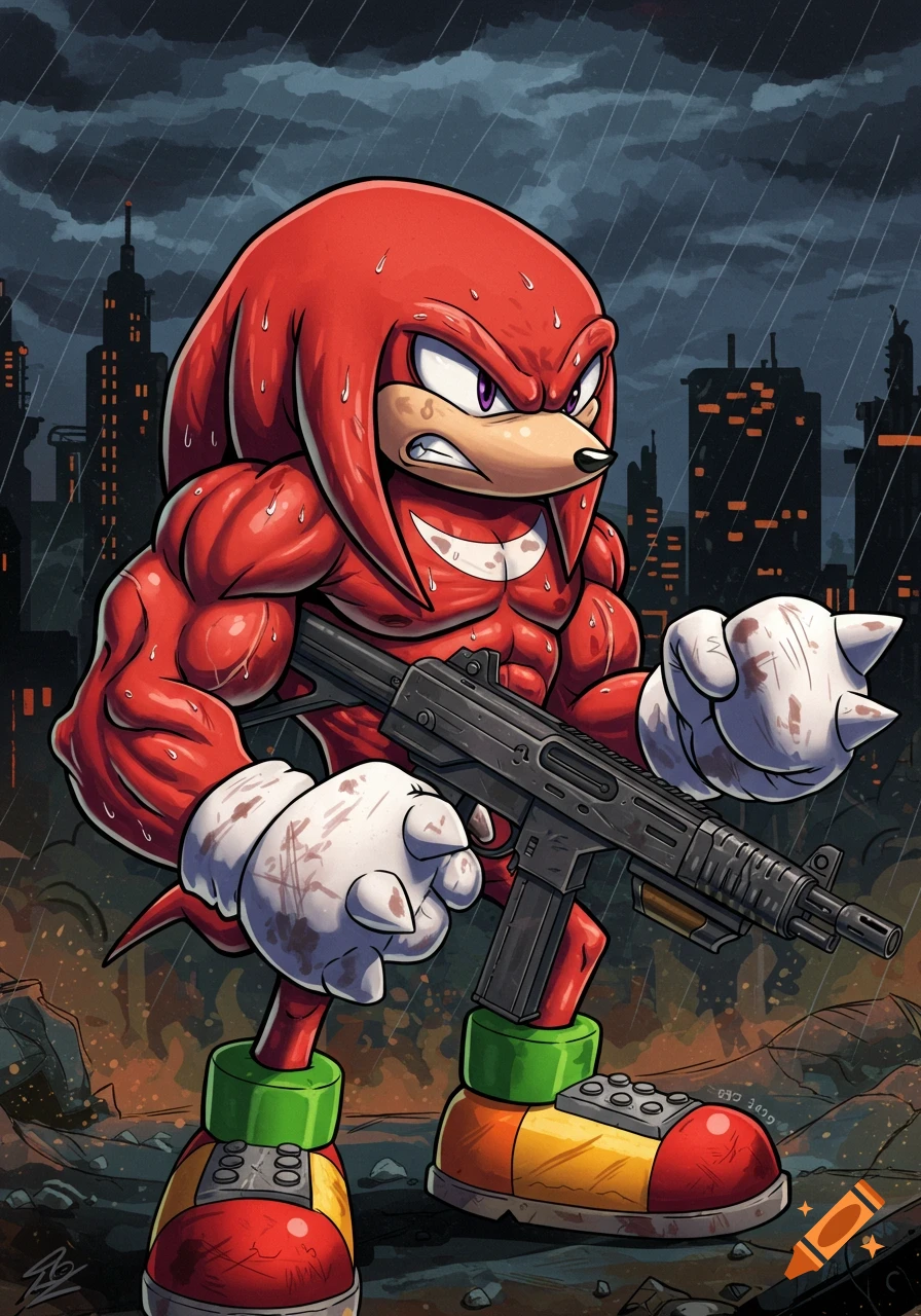 Muscular Knuckles from Sonic holds a submachine gun in a rainy city ...