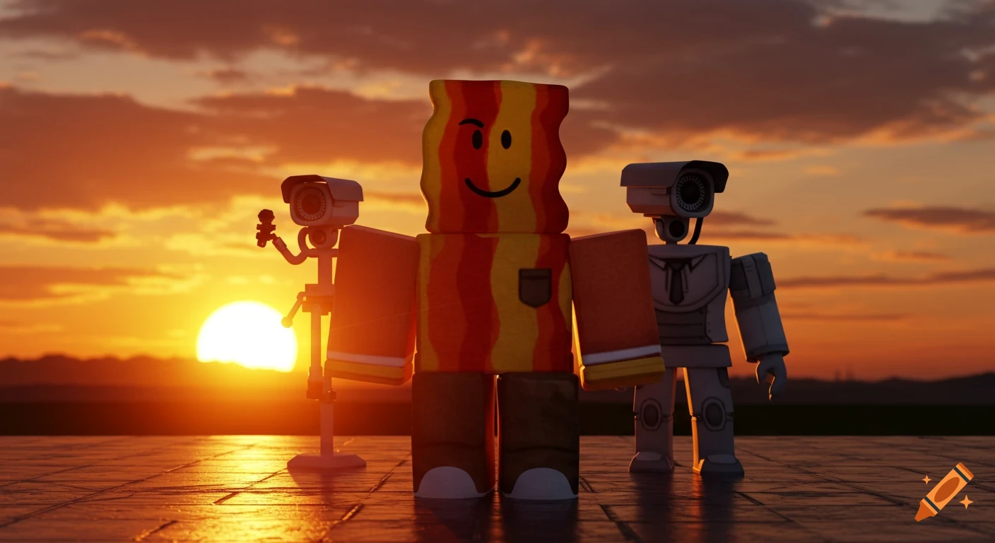 Roblox-style characters, including a bacon avatar and two robots, stand ...