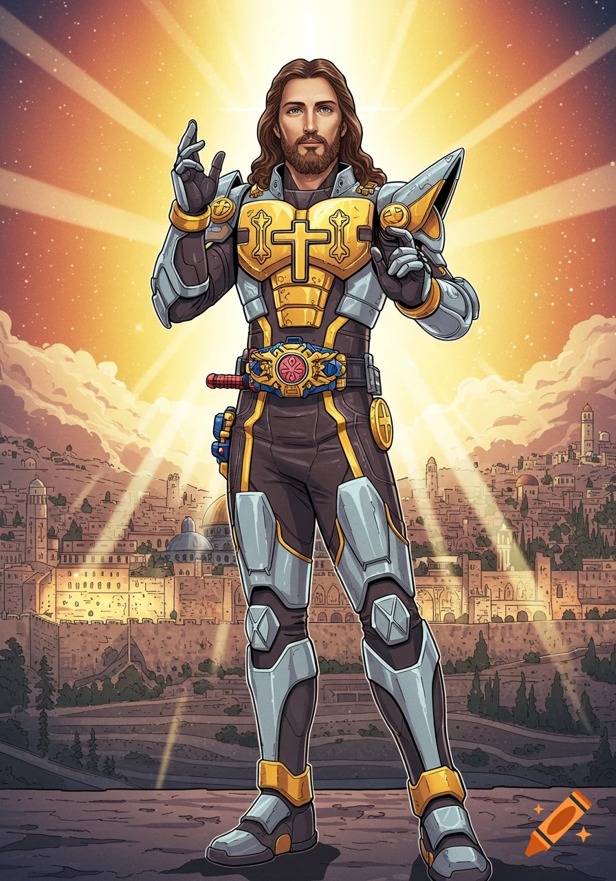 Illustration of Jesus Christ in futuristic Kamen Rider style armor ...