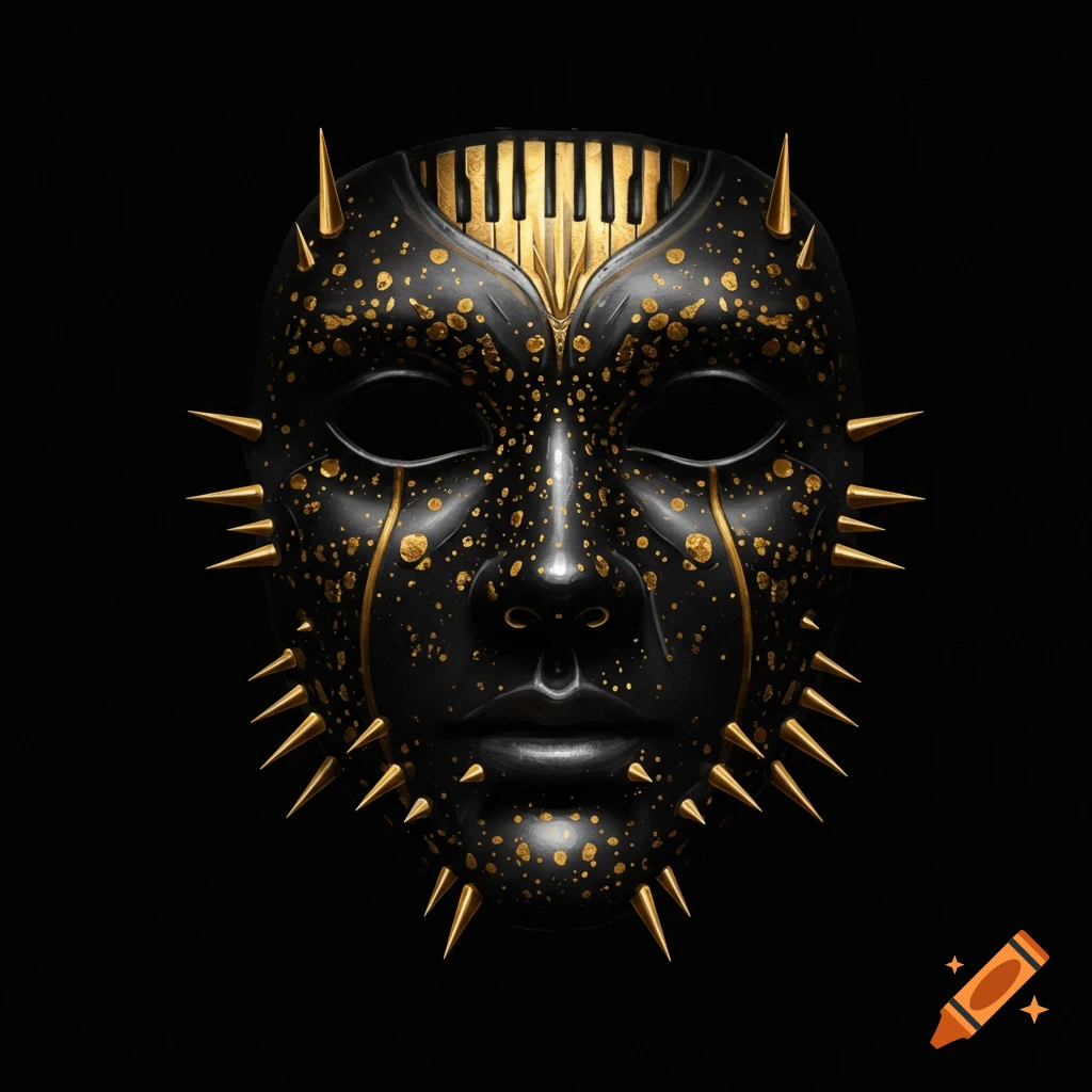 Black mask with gold spots and spikes, featuring piano keys across the ...