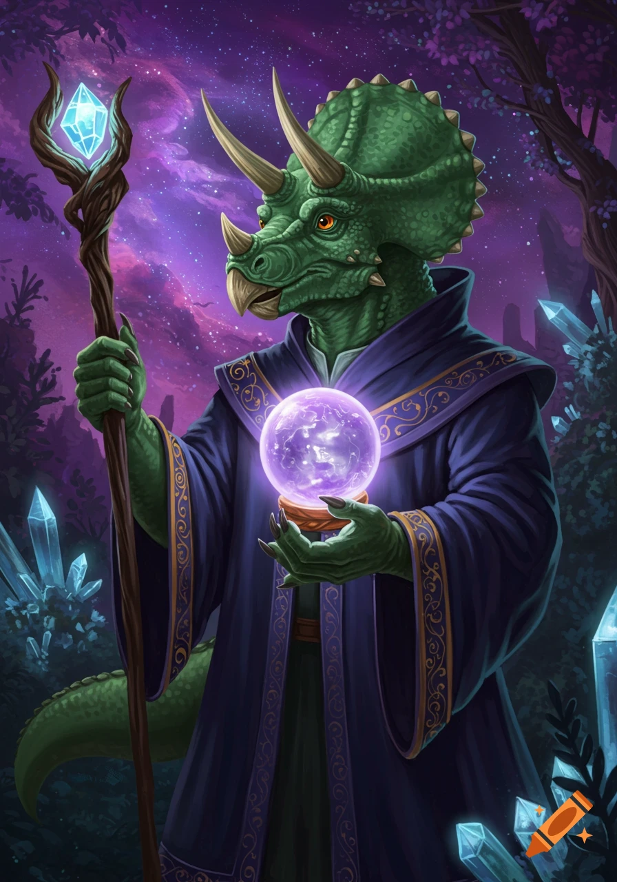 Anthropomorphic triceratops wizard holding a staff and crystal ball in ...