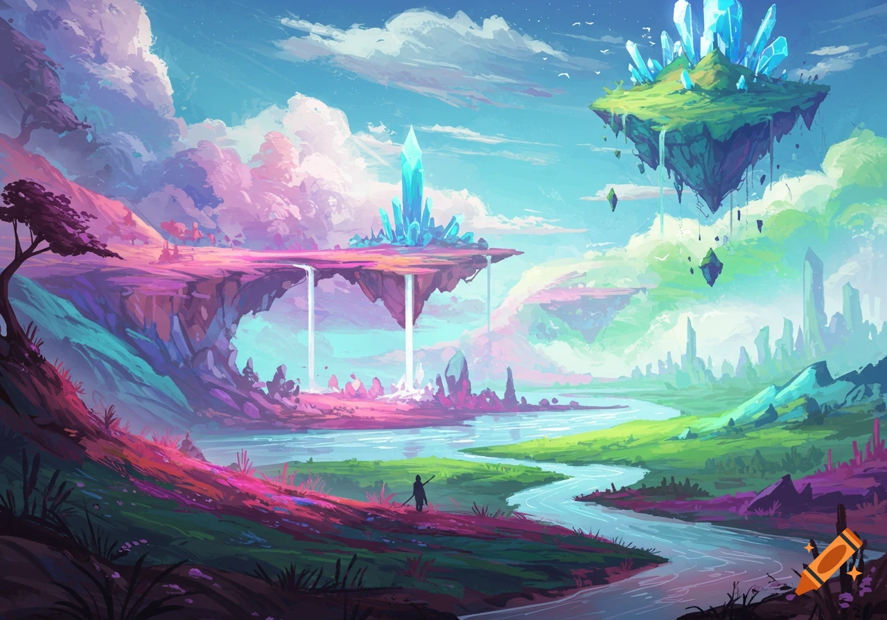 Vibrant fantasy landscape with floating islands, waterfalls, and ...