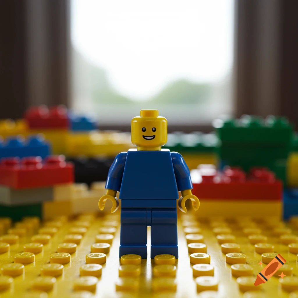A Lego person stands on a yellow baseplate with blurred Lego bricks in ...