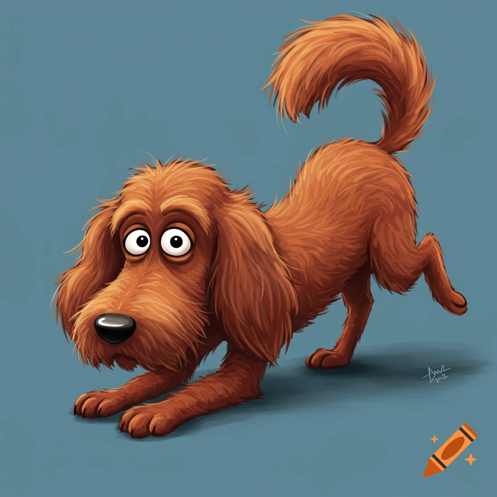 Cartoon illustration of a brown dog in a play bow stance on Craiyon