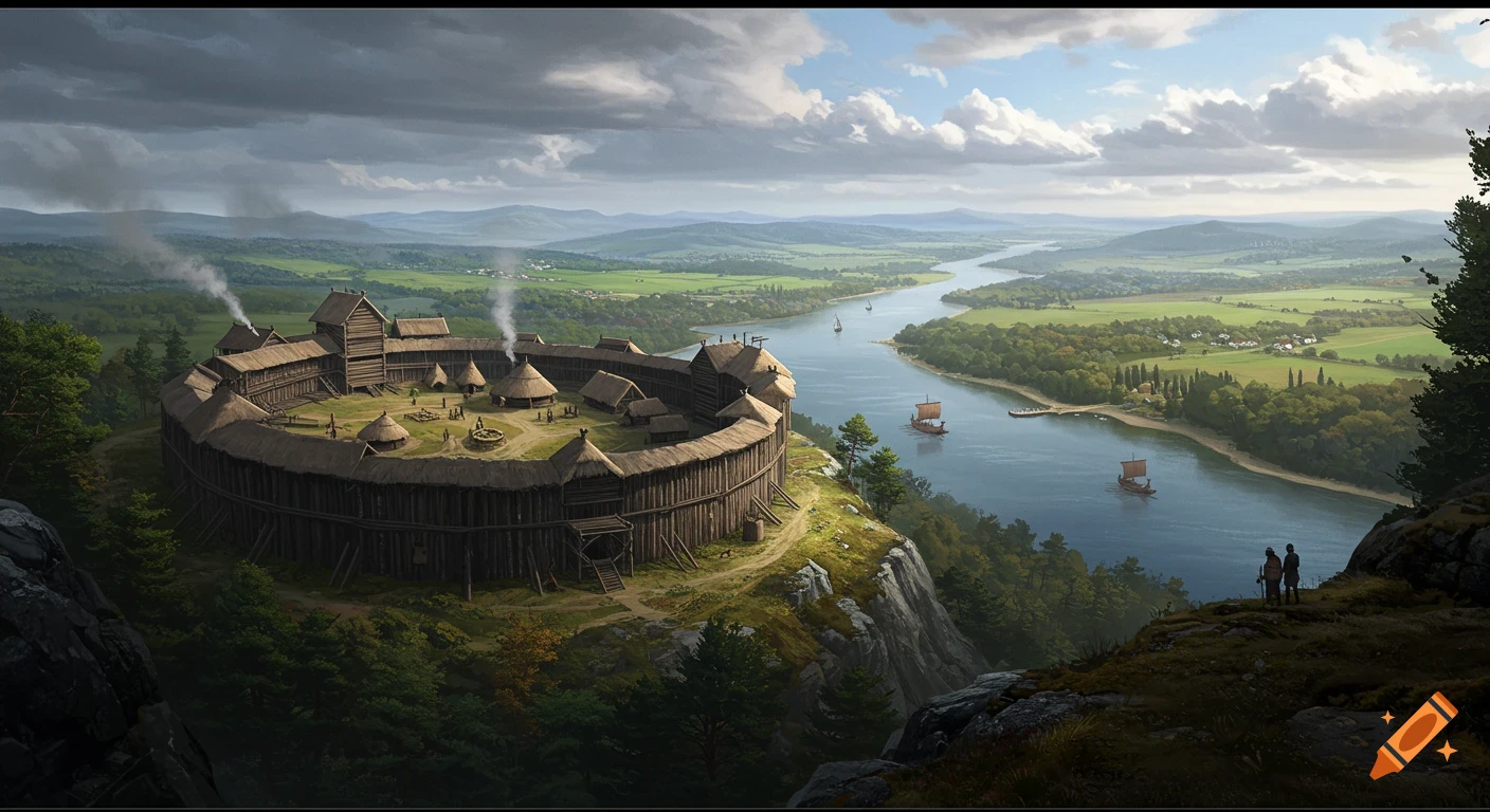 A detailed digital painting of a timber hillfort overlooking a wide ...