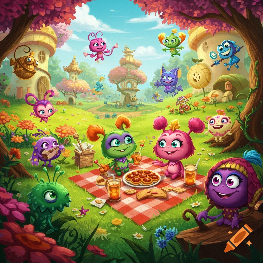 Colorful cartoon monsters have a picnic in a sunny fantasy forest ...