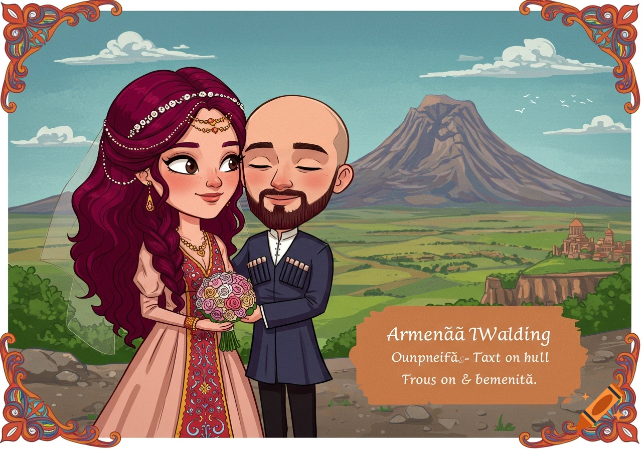 Cartoon couple in traditional Armenian clothes stand in front of mountains, like a wedding ...