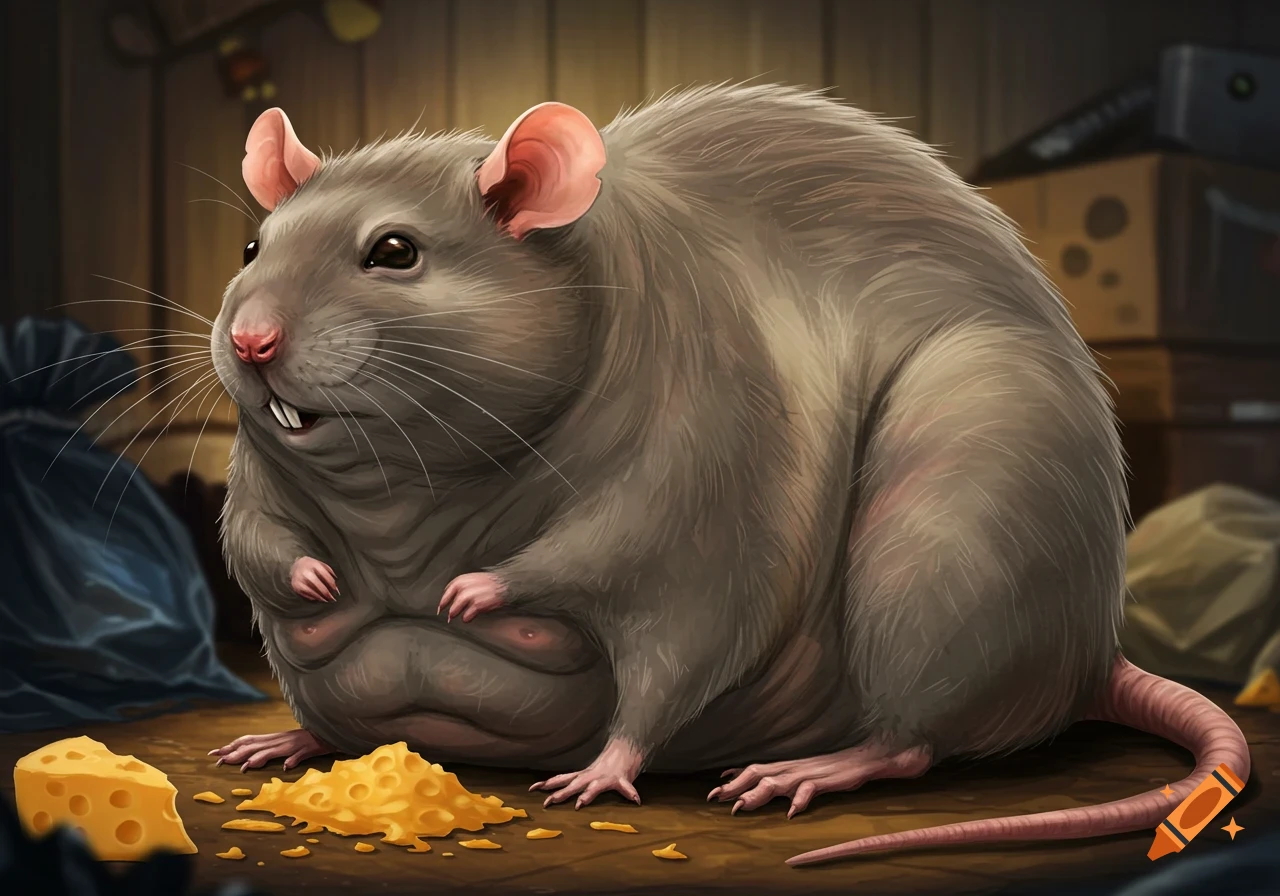 A very fat rat sits on a wooden floor next to cheese in a cluttered ...