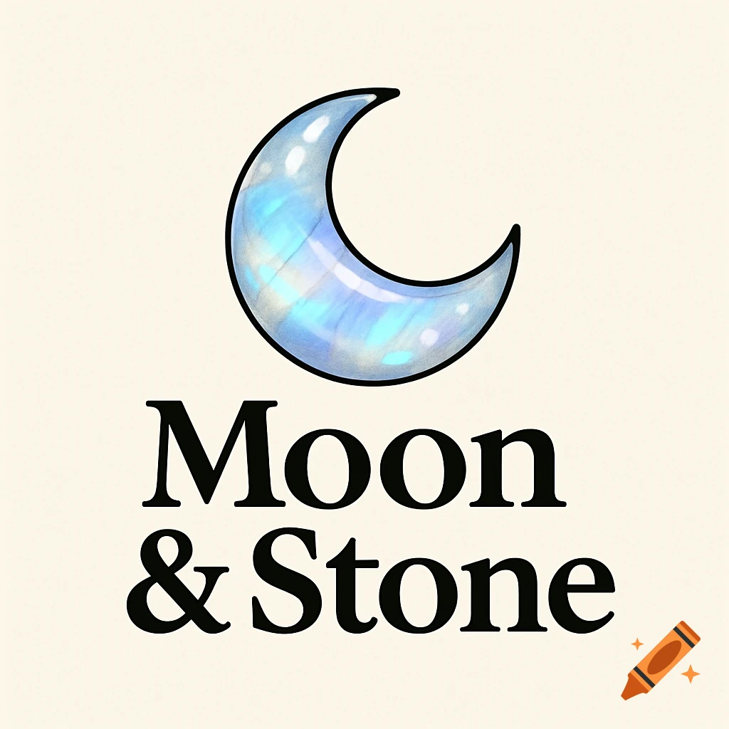 Logo with crescent moonstone moon above black text 'Moon & Stone' on ...