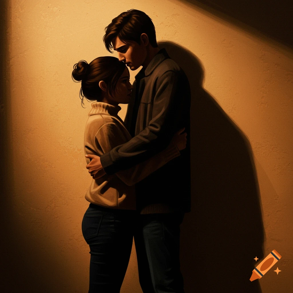 Illustration of a couple embracing under dramatic light casting a shadow on a wall. on Craiyon