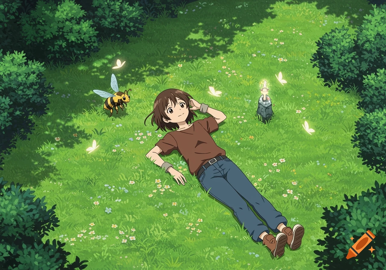 Anime illustration of a girl lying in a grassy field with a bee and ...
