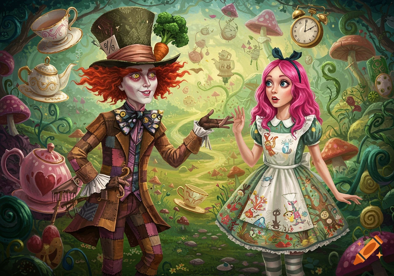 Painted illustration of the Mad Hatter and Alice in Wonderland meeting in a fantastical forest ...