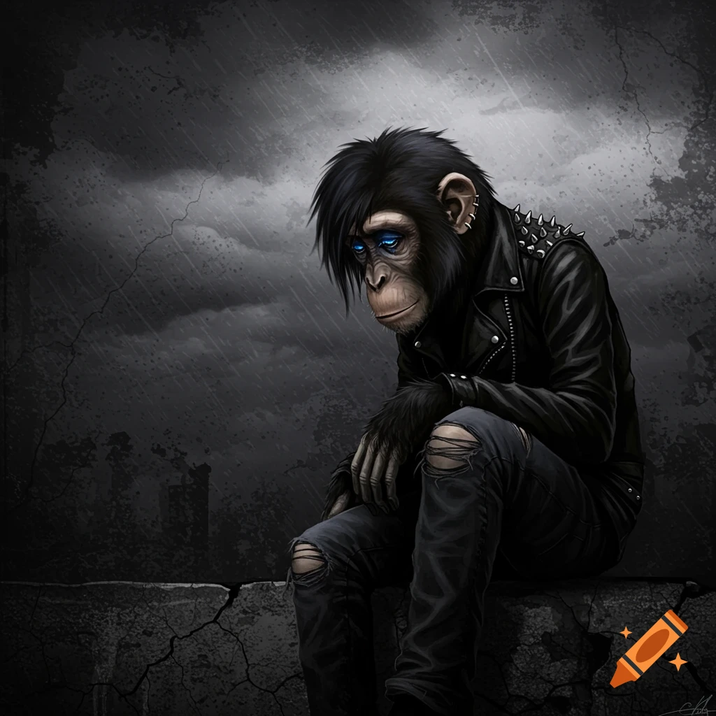 An emo monkey with blue eyes sits on a ledge in the rain, wearing a ...