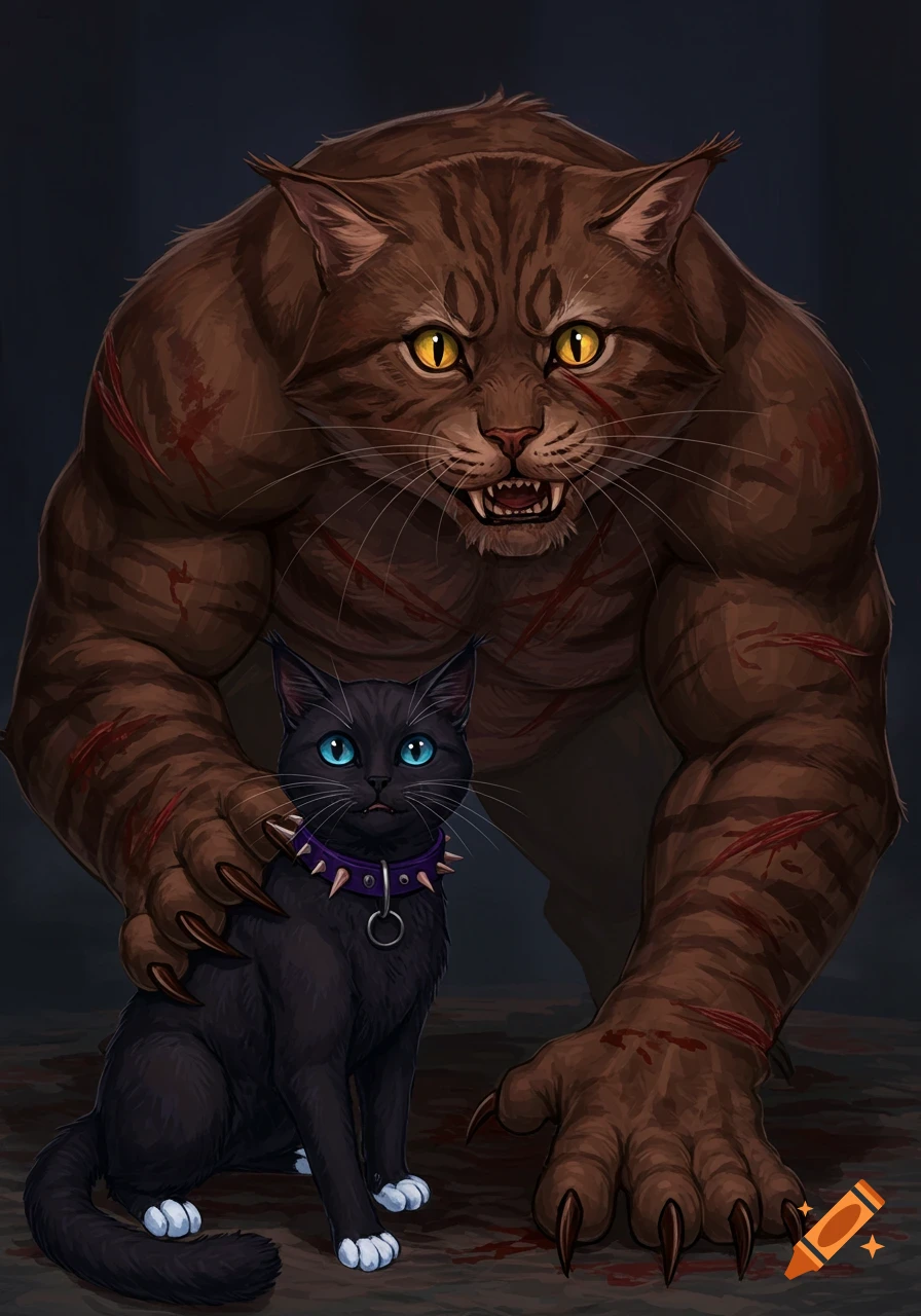 A large, muscular, scarred tabby cat stands behind a small black cat ...
