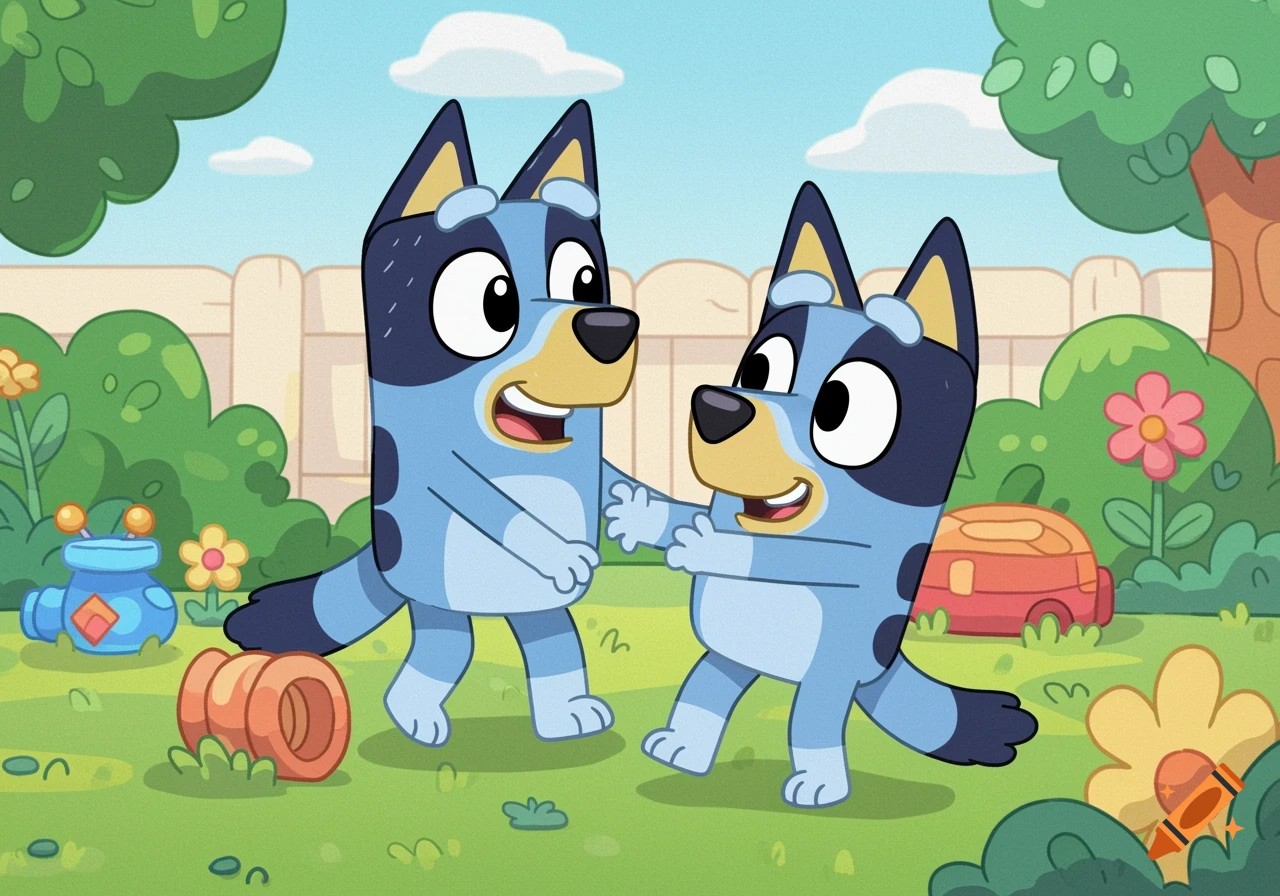 Two cartoon dogs resembling Bluey play in a backyard with toys. on Craiyon