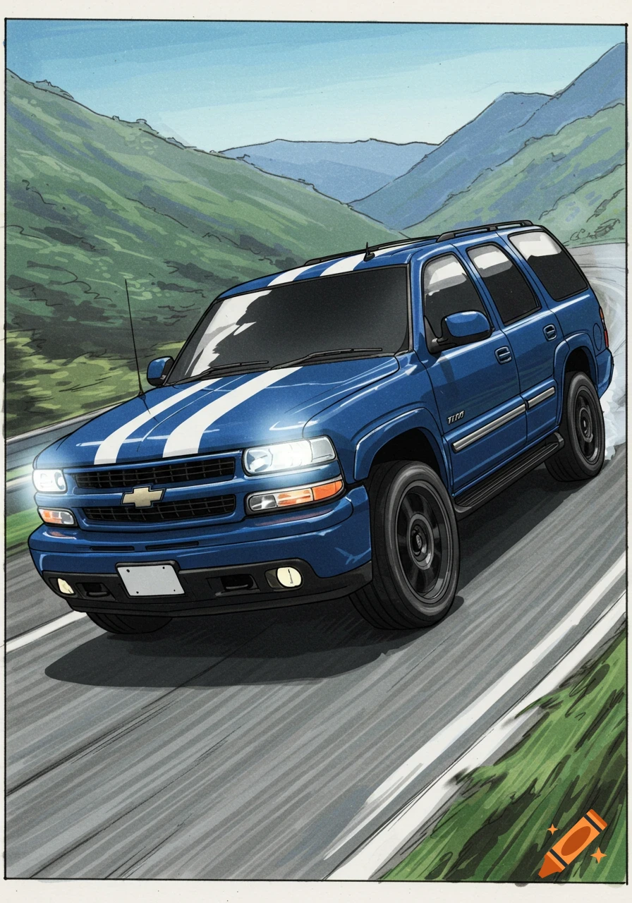 A blue Chevy Tahoe driving on a road in an anime drawing style. on Craiyon