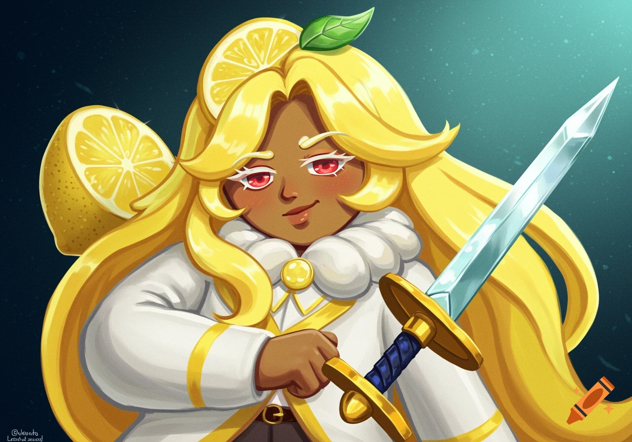 A stylized character with long yellow hair and lemon slice, holding a ...