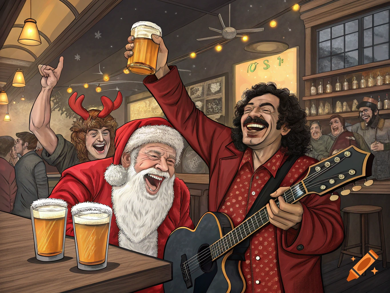 Illustration of Santa Claus, a musician, and person with antlers ...