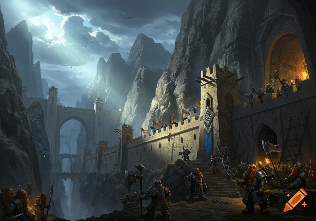 A fantasy illustration of a dwarf military garrison guarding a fortress ...