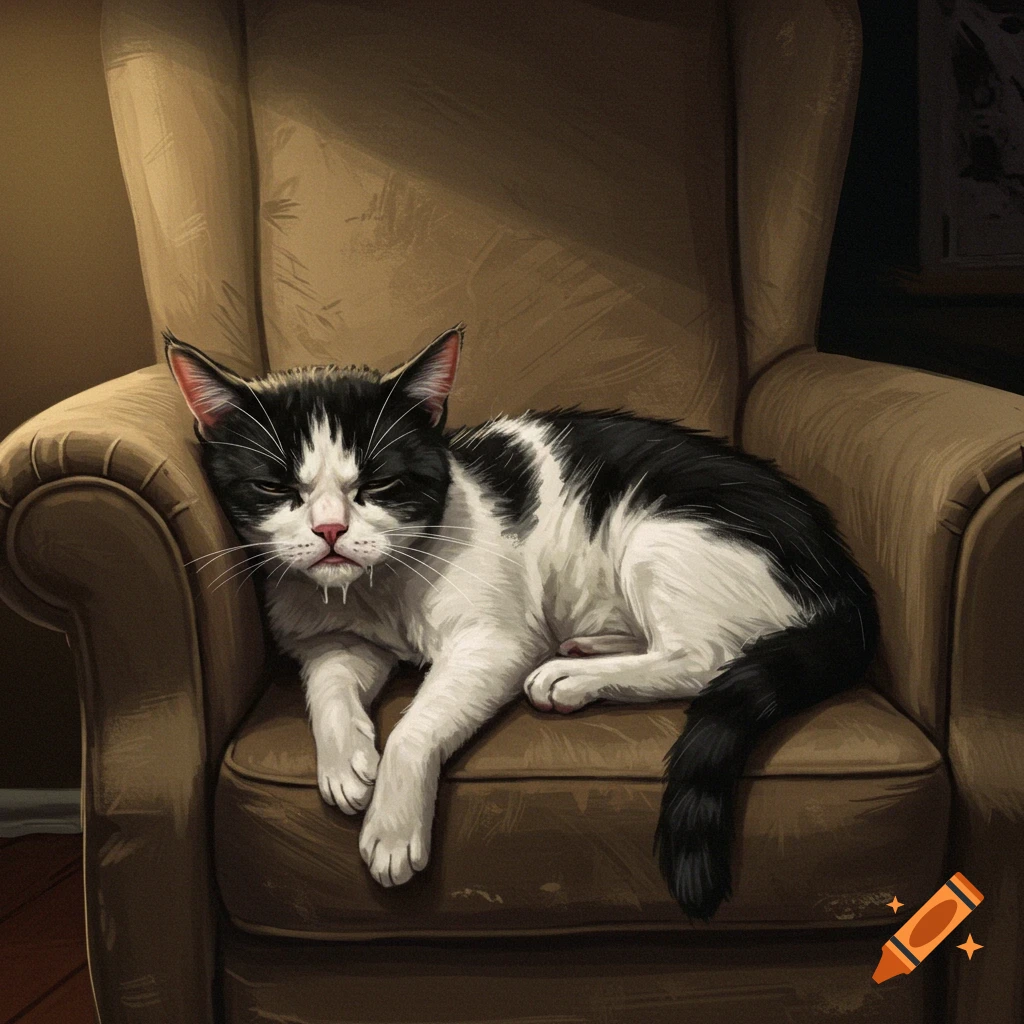 A grumpy black and white cat sits in a brown armchair, appearing sleepy ...